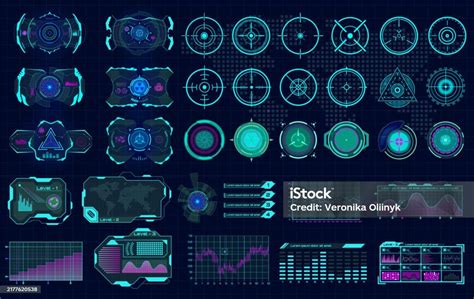 미래 지향적인 인터페이스는 데이터 분석 및 모니터링을 위한 다양한 그래픽 요소를 보여줍니다 다양한 아이콘 그래프 및 표시기가 있으며 하이테크 환경을 위해 설계되었습니다 가상
