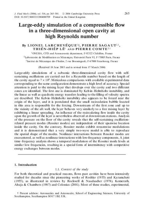 Pdf Large Eddy Simulation Of A Compressible Flow In A Three Dimensional Open Cavity At High