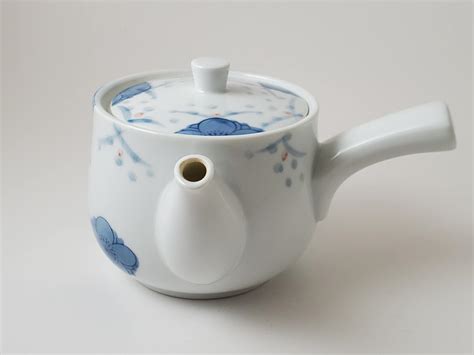 Japanese Kyusu White Porcelain Teapot With Blue Flowers Etsy