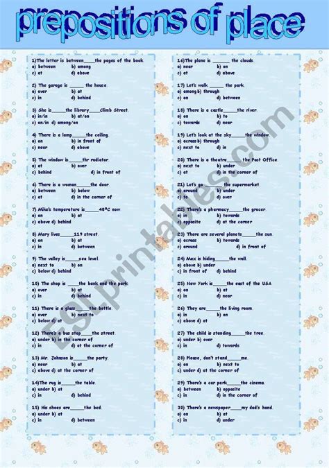 Prepositions Of Place Multiple Choice Test