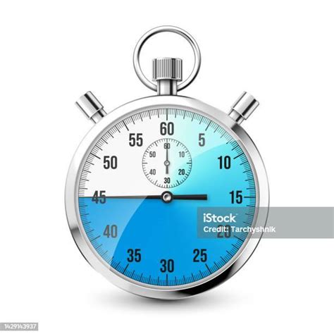 현실적인 클래식 스톱워치 아이콘 반짝이는 메탈 크로노미터 다이얼이 있는 타임 카운터 분과 초를 표시하는 파란색 카운트다운 타이머 스포츠 시작 및 종료에 대한 시간 측정 벡터