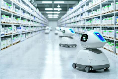 high tech warehouse with autonomous robots organizing products