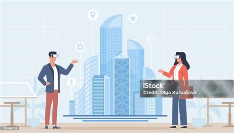 증강 현실 작업 미래지향적인 가상 기술 인터랙티브 빌딩 디자인 3d 모델 고층 빌딩의 프리젠 테이션 Vr 안경의 건설 디자이너와 건축가 벡터 개념 가상현실 시뮬레이터에 대한