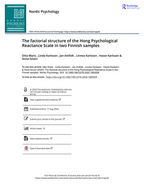 Pdf The Factorial Structure Of The Hong Psychological Reactance Scale In Two Finnish Samples