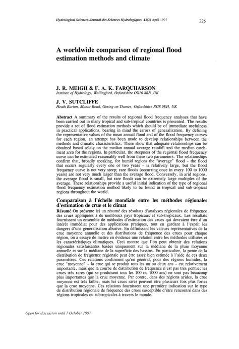 Pdf A Worldwide Comparison Of Regional Flood Estimation Methods And