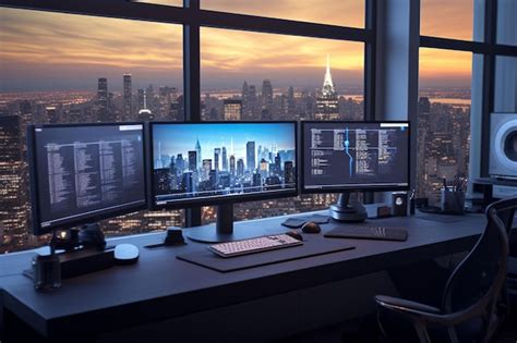 Premium Photo Modern Workspace With A Sleek Desk Dual Monitors Generative Ai