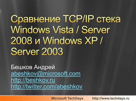 Сравнение Tcpip стека Windows Vista Server 2008 и Windows Xp