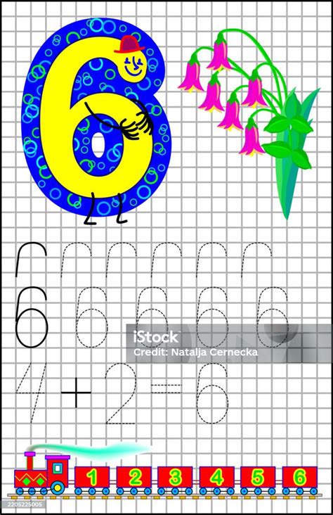 숫자 6이 있는 정사각형 종이에 어린이를 위한 교육 페이지 계수 및 추적을 위한 기술 개발 벡터 일러스트 레이 션 0명에 대한 스톡 벡터 아트 및 기타 이미지 Istock