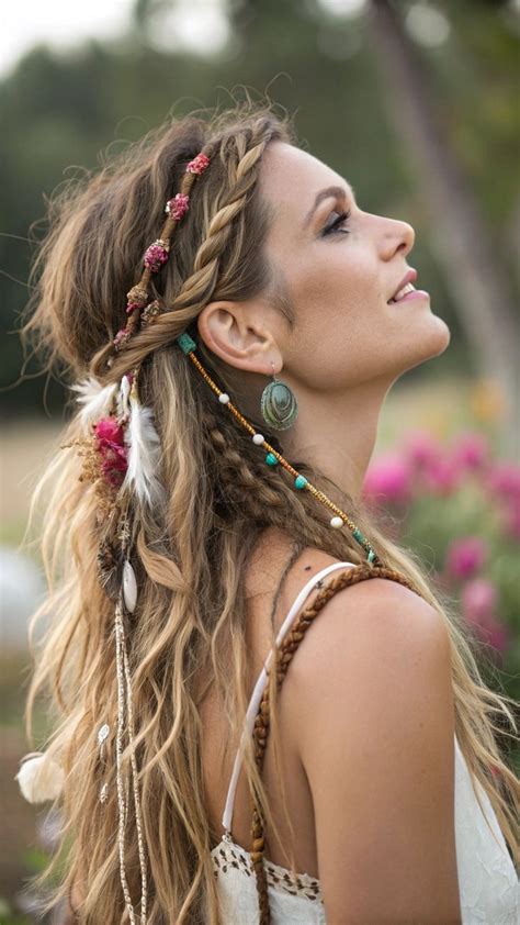 Whimsical Boho Hairstyle With Floral And Feather Accents Hairstyles