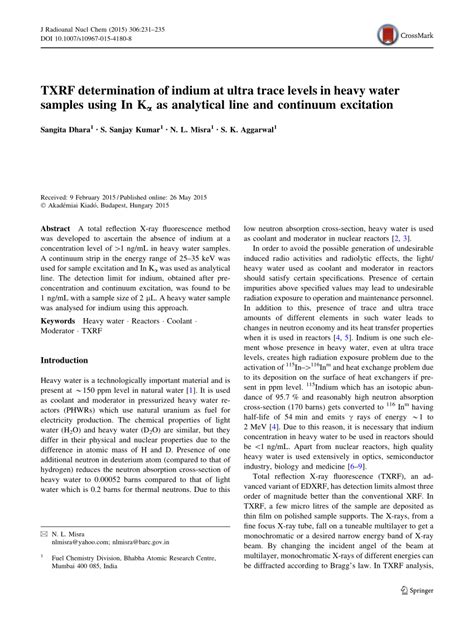 Pdf Txrf Determination Of Indium At Ultra Trace Levels In Heavy Water Samples Using In Kα As