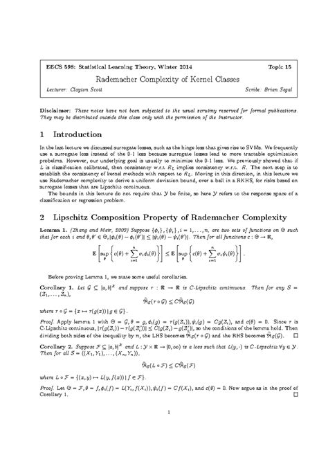 Lecture Notes Lecture 15 Rademacher Kernel Eecs 598 Statistical Learning Theory Winter