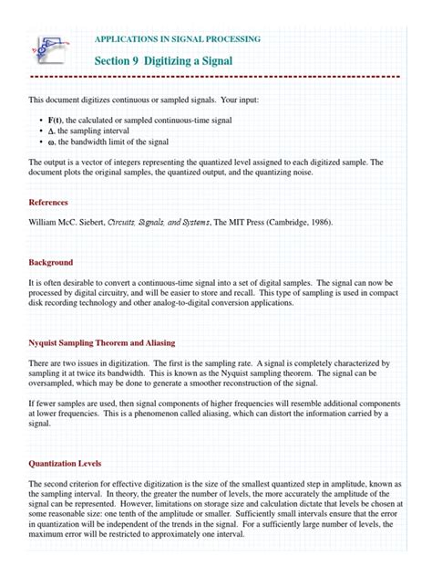 section 9 digitizing a signal f t the calculated or sampled continuous time signal pdf
