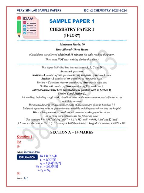 Sample Paper 1 Solutions Only Isc Chemistry 2024 Pdf