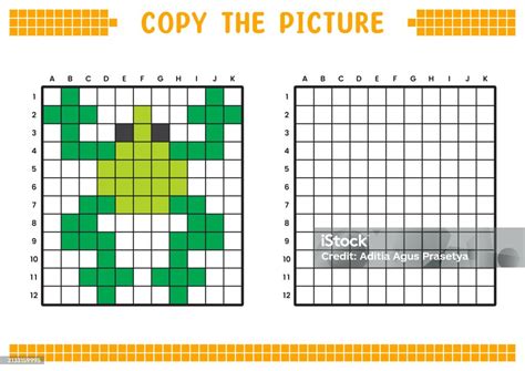 그림을 복사하고 그리드 이미지를 완성합니다 사각형으로 그리는 교육용 워크시트 셀 영역 색칠 어린이의 유치원 활동 만화 벡터 픽셀 아트 녹색 개구리 그림입니다 개구리에 대한