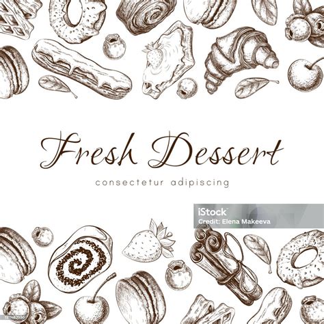 베이커리 페이스트리 스케치 베이커리 배너 프레임 손으로 그린 디저트와 베리 에클레어 크루아상 도넛 마카롱 등 과자 배경 템플릿 디자인 새겨진 음식 이미지 벡터 그림입니다