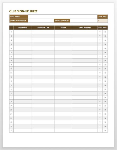 Class Party Sign Up Sheet