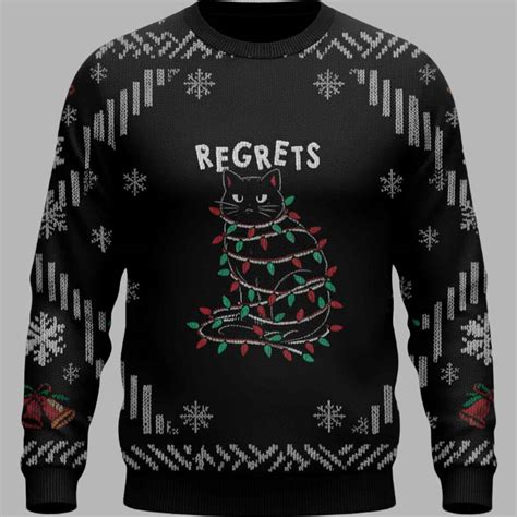 Black Cat Tangled Up On Christmas Lights Christmas Ugly Sweater
