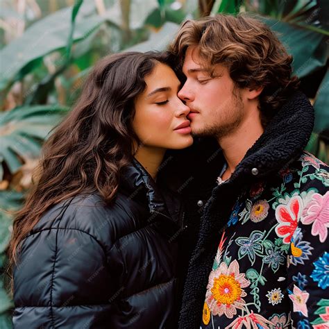 Premium Photo Couple Kissing In Tropical Jungle Wearing Embroidered