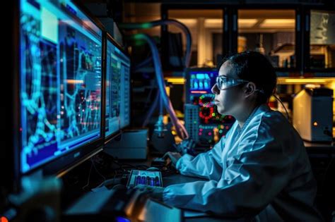 In A Hightech Lab A Scientist Is Deeply Focused On Analyzing Data Using