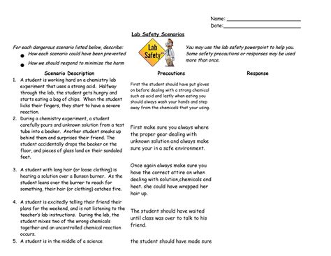 copy of lab safety scenarios ws name date lab safety scenarios for