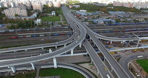 Flying Over Intersection Across The Rail Tracks In Moscow Russia