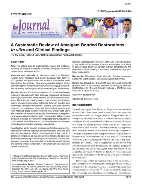 A Systematic Review Of Amalgam Bonded Restorations In Vitro And Clinical Findings Pdf
