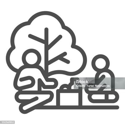 피크닉 라인 아이콘에 아버지와 아들 야외 개념 흰색 배경에 가족 피크닉 표지판 모바일 및 웹윤곽 스타일로 공원 아이콘에서 피크닉을 하는 두 사람 벡터 그래픽 소풍 음식에