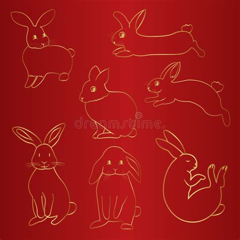 Continuous Line Drawing Of Easter Rabbit Set Golden Vector Minimalistic Hand Drawn Illustration