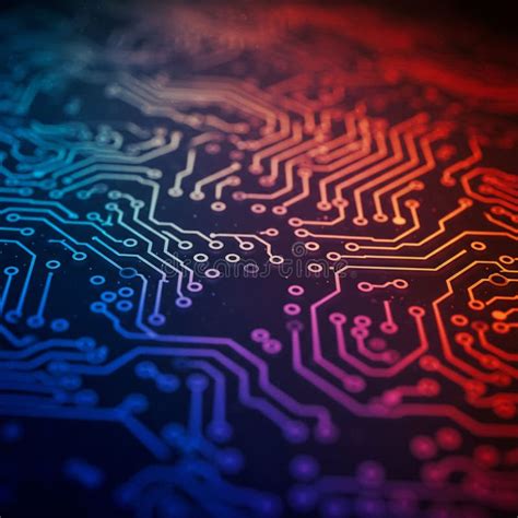 Colorful Circuit Board Design Featuring Intricate Pathways And Connections On A Dark Stock