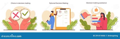 Decision Making Set Strategic Thinking Brainstorming And Solution Research Stock Vector