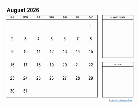 August 2026 Monthly Calendar Pdf Word Excel