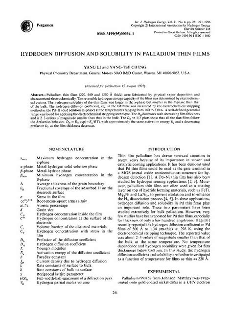 Pdf Hydrogen Diffusion And Solubility In Palladium Thin Films