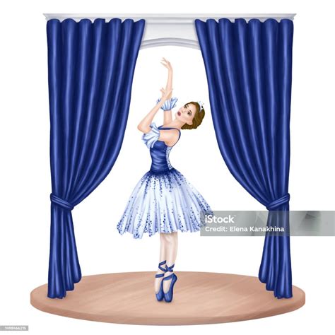 우아한 파란색 투투와 뾰족한 신발을 신고 극장 홀에서 무대에 오른 프리마 발레리나 발끝으로 서 있는 소녀 오페라 공연 댄스 쇼