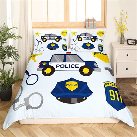 Feelyou Cartoon Car Duvet Cover Police Car Bedding Set For Girls Women