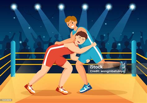 두 명의 파이터와 레슬링 그림 권투 대회 또는 챔피언십 스포츠 경기장에서 플랫 만화 손으로 랜딩 페이지 템플릿에 그려진 권투