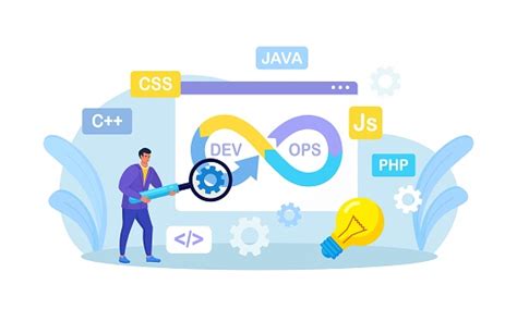 Devops 개념입니다 소프트웨어 관리 및 생산의 지속적인 프로세스 프로그래머는 개발 및 소프트웨어 작업을 연습합니다 운영 프로세스 프로그래밍 코드 작업을 하는 개발자