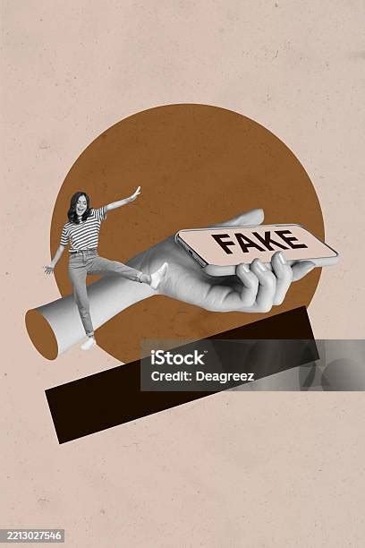 수직 삽화 팝 콜라주 마음 먹은 소녀 남자 스탠드 손 잡기 전화 장치 가짜 뉴스 선전 선동 허위 정보 사기 20 24세에 대한 스톡 사진 및 기타 이미지 Istock