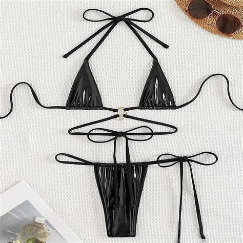 Black Metallic Faux Leather Micro Bikini Set Numbanddumb