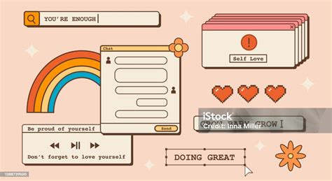 90 년대 오래 된 컴퓨터 사용자 인터페이스 요소와 자기 긍정 향수 포스터 빈티지 미적 대화 창과 자기 사랑 추상적 인 배경