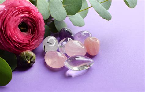 보라색 배경에 누워 아름다운 분홍색 라운큘러스 꽃과 유칼립투스 잔가지 장미 석영과 자수정의 반 보석 결정체에 대한 스톡 사진 및