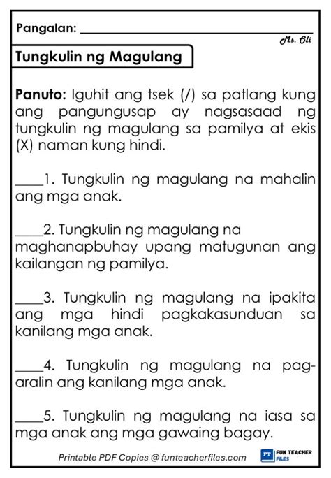 Tungkulin Ng Magulang Worksheet 3 Fun Teacher Files