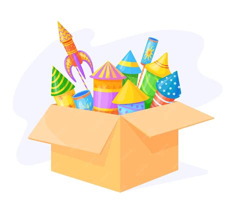 만화 불꽃 상자 크리스마스 파티를 위한 불꽃놀이 불꽃놀이 또는 기념일 폭죽을 축하하는 화려한 로켓 폭발 종이 폭죽 깔끔한 벡터