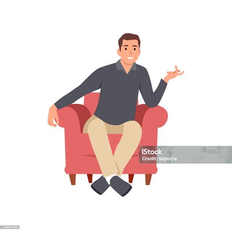 의자에 앉아 손으로 무언가를 가리키는 젊은이 집에서 캐주얼 한 옷을 입은 남자 의자에 앉아있는 캐릭터가 손짓을하는 사람과