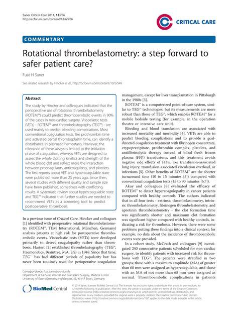 Pdf Rotational Thrombelastometry A Step Forward To Safer Patient Care