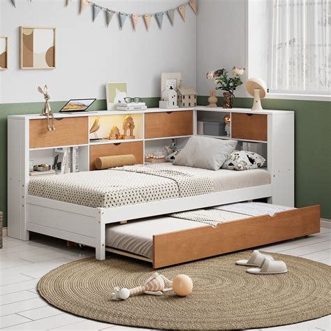 Twin Size Bed Frame With Trundle And L Shaped Bookcase Corner Bed Wooden Captain Bed With