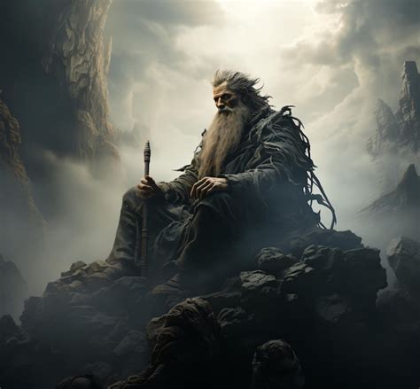 An Old Wizard Sits On A Rock In A Mystical Landscape Premium Ai