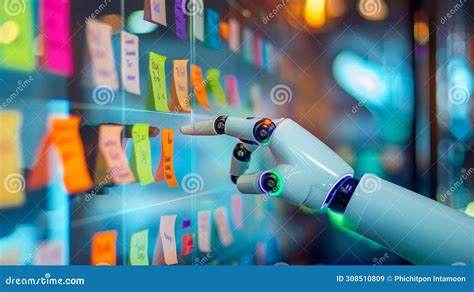 Agile Software Development Scrum Methodology Boards Workflow Robot Finger Touching Virtual