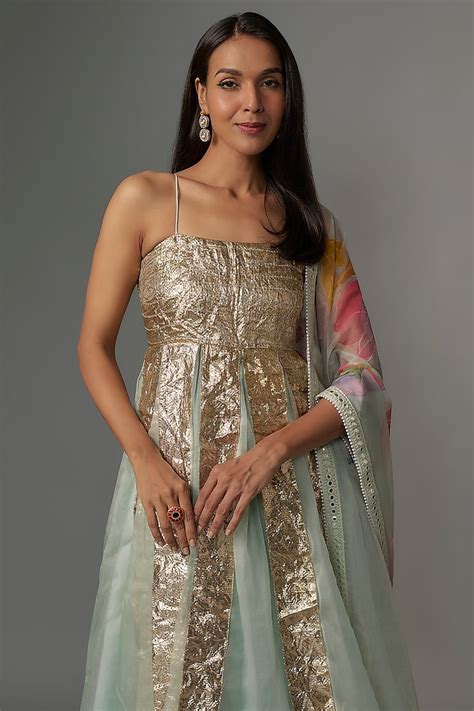 Green Organza Gota Embroidered Flared Party Wear Anarkali Set By Kriti