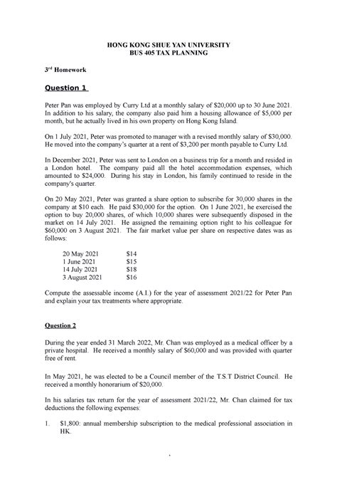 3rd hw exercise hong kong shue yan university bus 405 tax planning