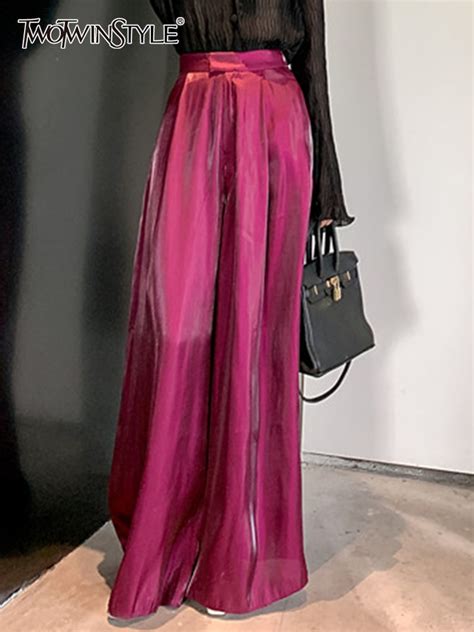 Twotwinstyle 여성용 한국 패션 긴 바지 하이 웨이스트 패치워크 포켓 루즈 롱 와이드 레그 팬츠 여성 2022 의류 Aliexpress